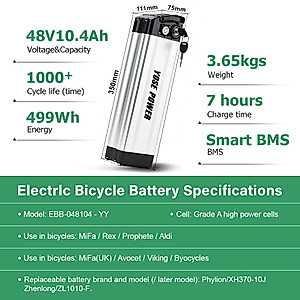 Yose Power 48V 10.4Ah Ebike Battery, Sliver Fish Battery with USB Port, Electric Bike Battery for 250W/350W/500W Motor, Electric Bicycle Lithium-Ion Battery, Safe Lock, Led Indicator Light