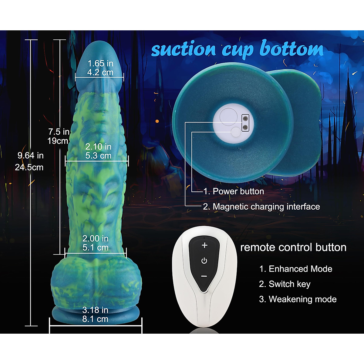 Wildolo Vibrator App Dildo 9.6'' Monster Color Silicone Dildo Realistic Adult Toy Fantasy Strong Suction Cup Dildo,Green,A43-M