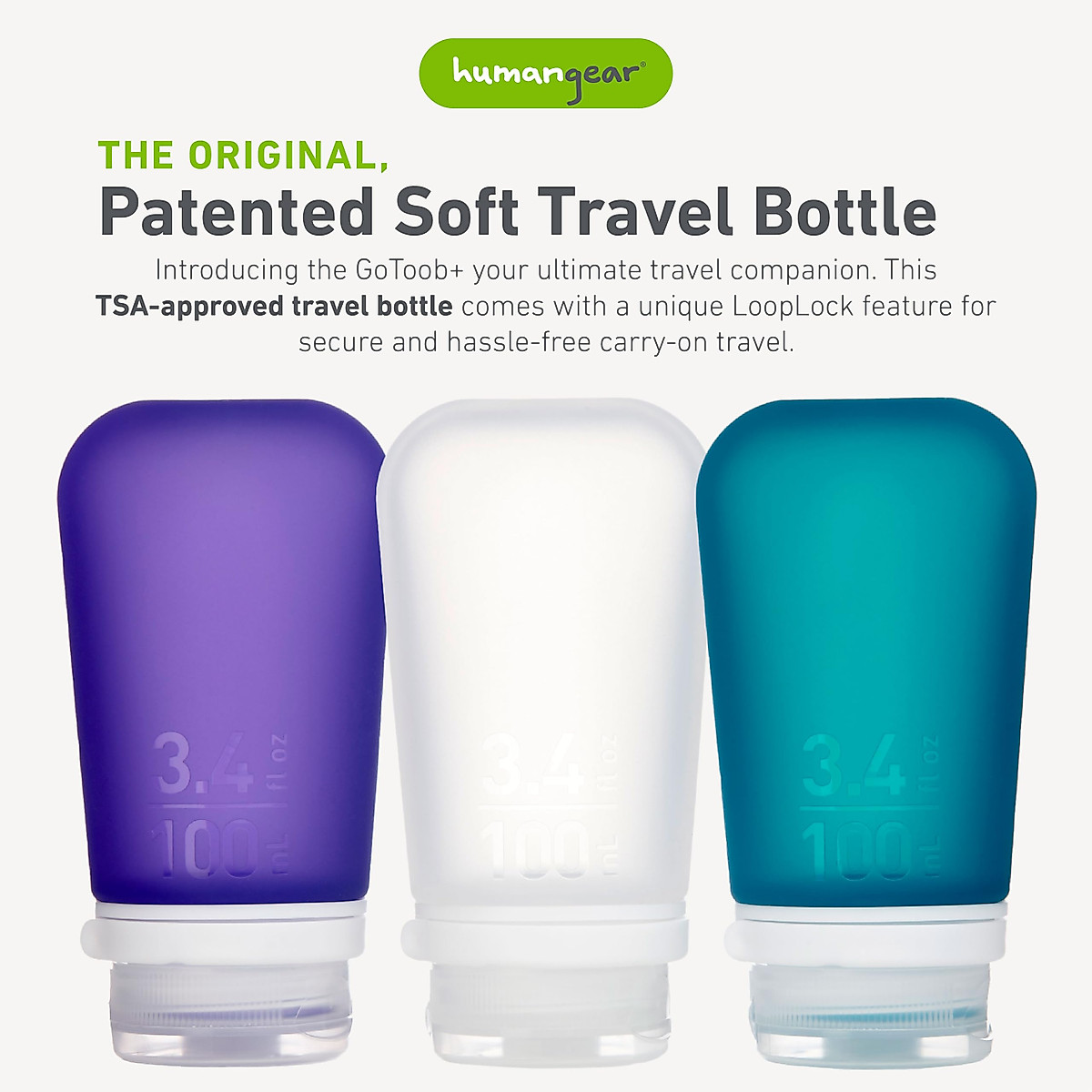 humangear GoToob+ 3-Pack (Large) | Refillable Silicone Travel Bottle | Locking Lid | Food-Safe Material, Clear/Purple/Teal, Large (3.4 fl.oz.; 100ml)