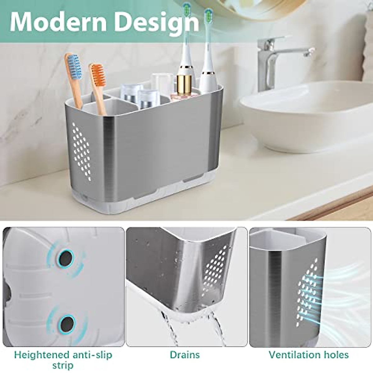 Boperzi Toothbrush Holder Toothpaste Organizer Drainage for Bathroom Vanity, Large Brushed Nickel Toothbrush Storage Caddy Anti-Slip Rustic with Adjustable Dividers for Family, Kids