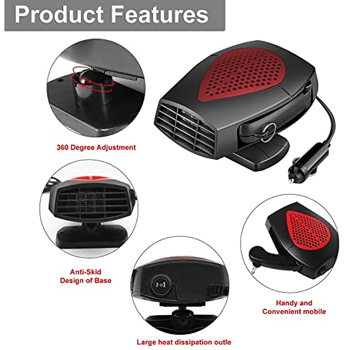 Portable Car Heater, Auto Heater Fan, Car Defogger, Fast Heating Quickly Defrost Defogger 12V 150W Auto Ceramic Heater Fan 3-Outlet Plug in Cig Lighter