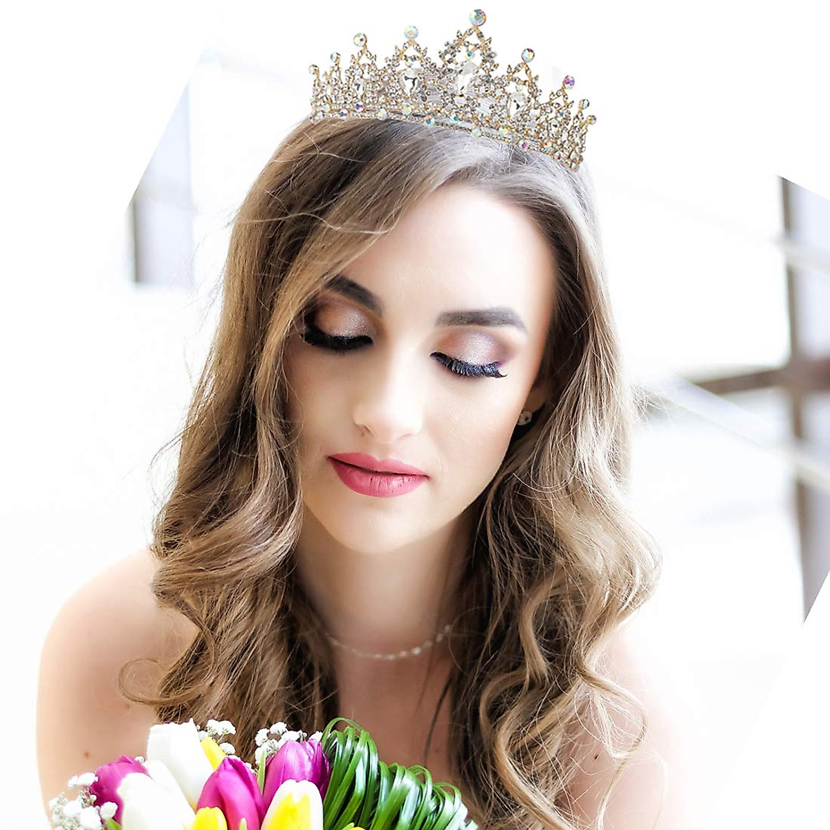 Sppry Women Tiara with Comb - Colorful AB Crystals Crown for Bridal Princess Girls at Wedding Birthday Pageant (Gold)