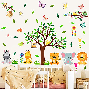 Cartoon Animal Wall Stickers Forest Tree Animal Wall Stickers Jungle Animal Wall Decals Woodland Animal Wall Decals Cute Zoo Animal Wall Stickers for Kids Room Playroom Nursery Decor