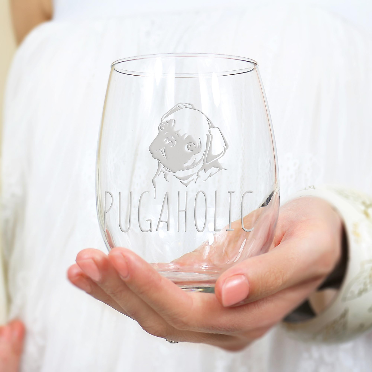 Pugaholic Pug Stemless Wine Glass - Pug Wine Glass, Pug Mom, Pugaholic, Pug Gift, Pug Lover, Pug Cup, Fun Wine Glass, Pet Wine Glass