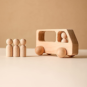 4 Wooden Figures in The Bus - Peg Dolls Unfinished Wooden Peg People Cars Wooden Figures Shape Preschool Learning Educational Toys Montessori Toys for Toddlers