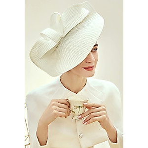 BABEYOND Tea Party Fascinator Kentucky Hat Women’s Fascinator Straw Derby Pillbox Hat for Cocktail Wedding Off-White