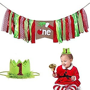 Christmas High Chair Banner, Christmas 1st Birthday Sign Banner, Candy Cane Red & Bright Green Highchair Garland,Christmas Crown Hat for Kids Christmas First Birthday, Photo Booth Props And Cake Smash