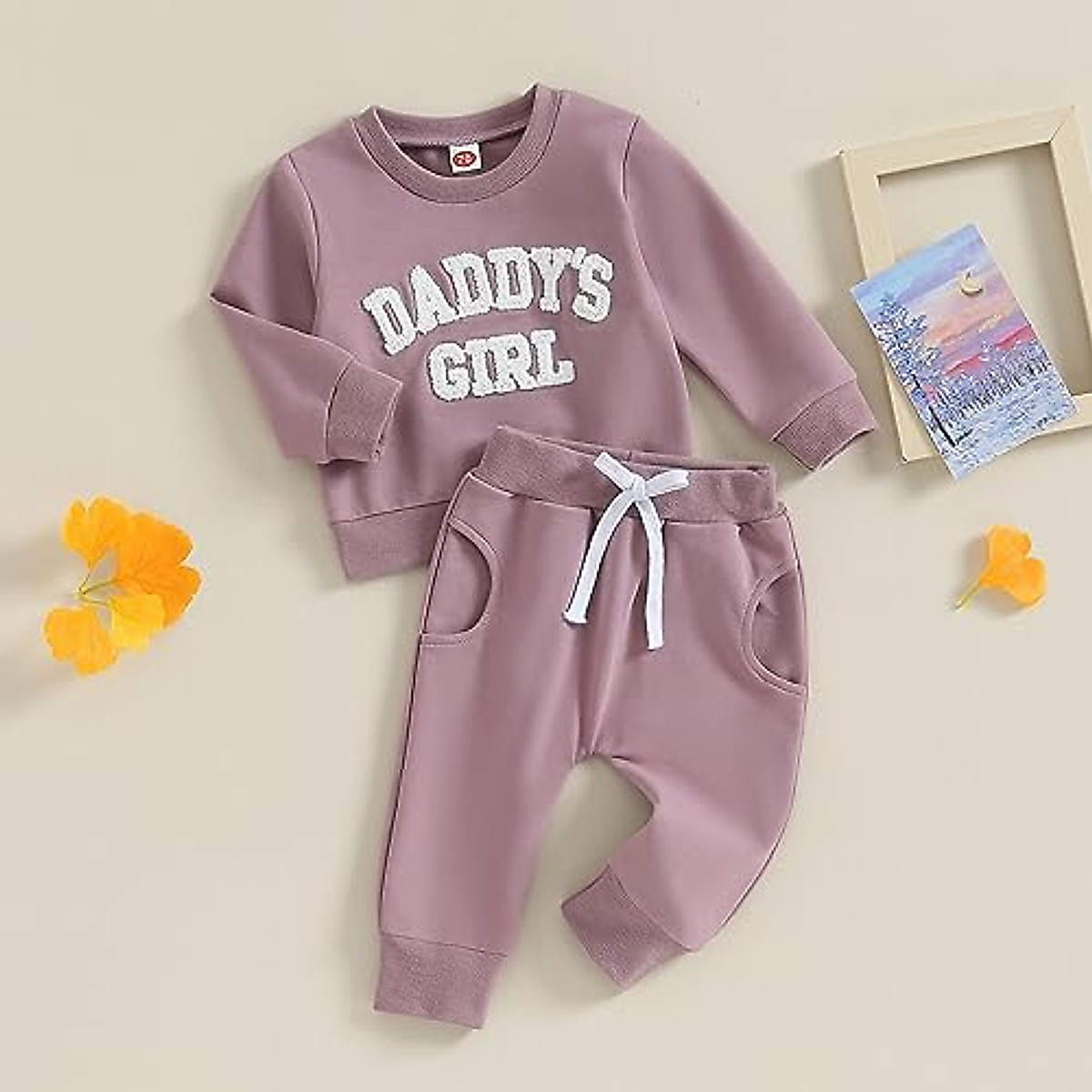 FIOMVA Daddys Girl Baby Clothes Toddler Fall Winter Outfits Sweatshirt Pants 2 Piece Set Shirt Sweatpants Suit (H Embroidered Daddy's Girl Purple, 2-3 Years)