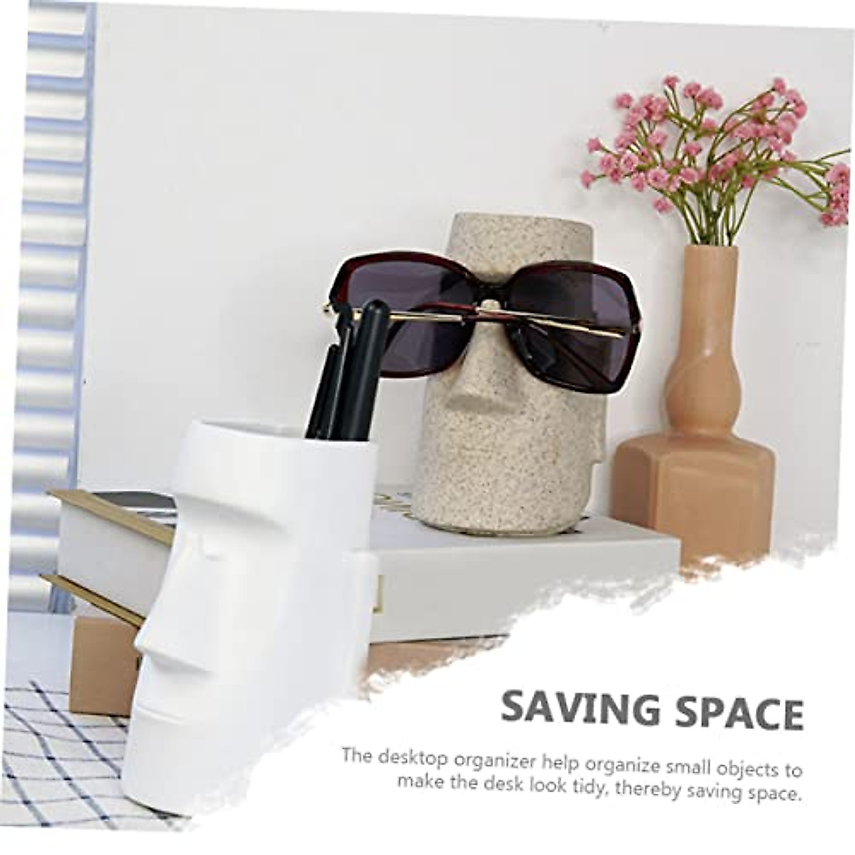 Operitacx Stone Pencil Holder Multifunctional Storage Box Eye Glasses Storage Organizer Pencil Organizer Case Easter Island Stone Pen Holder Desk Pen Organizers Desktop Storage Holder White