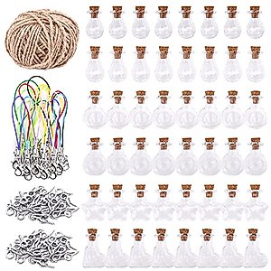 Tanstic 119Pcs 6 Shapes Glass Jars Bottles with Cork Stoppers Set, 48Pcs Wish Bottles Glass Favor Jars with 50Pcs Eye Screws, Lobster Claw Clasps and 30 Yards Twine for Wedding Party DIY Decoration
