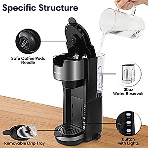 Single Serve Coffee Maker with Milk Frother, 2-In-1 Cappuccino Coffee Machine for K Cup Pod and Ground Coffee, Single Cup Brewer Compact Latte Maker with 30 oz Detachable Reservoir, Black