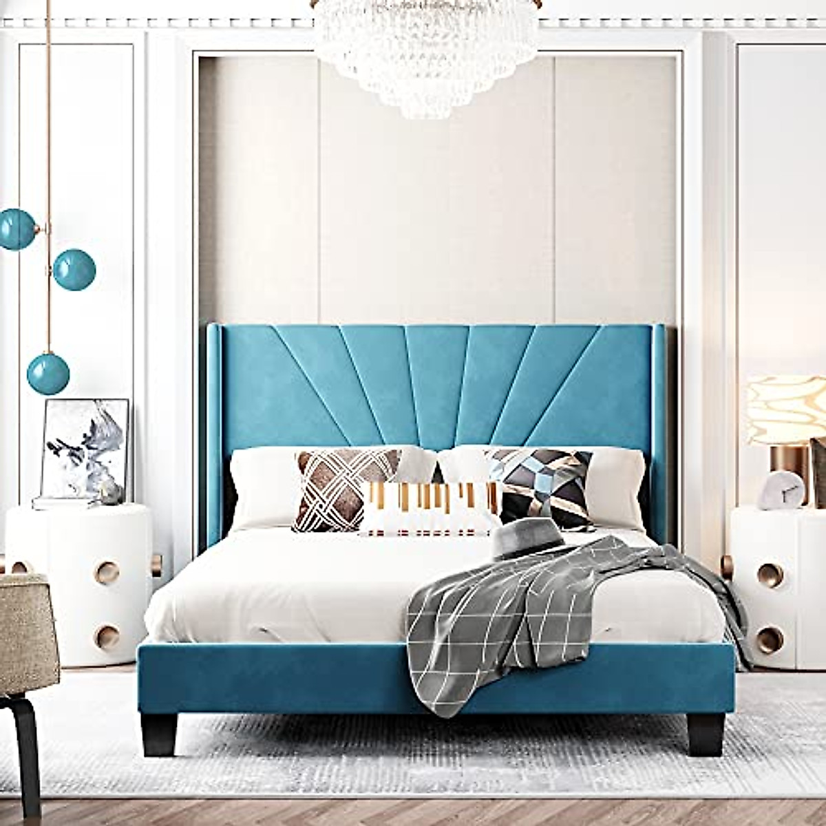 Livavege Queen Bed Frame with Classic Velvet Headboard, Comfortable and Elegant Upholstered Platform Bed Frame Queen Size w/Wooden Slats Support for Kids/Teens/Adults, Heavy Duty Feet, Noise-Free