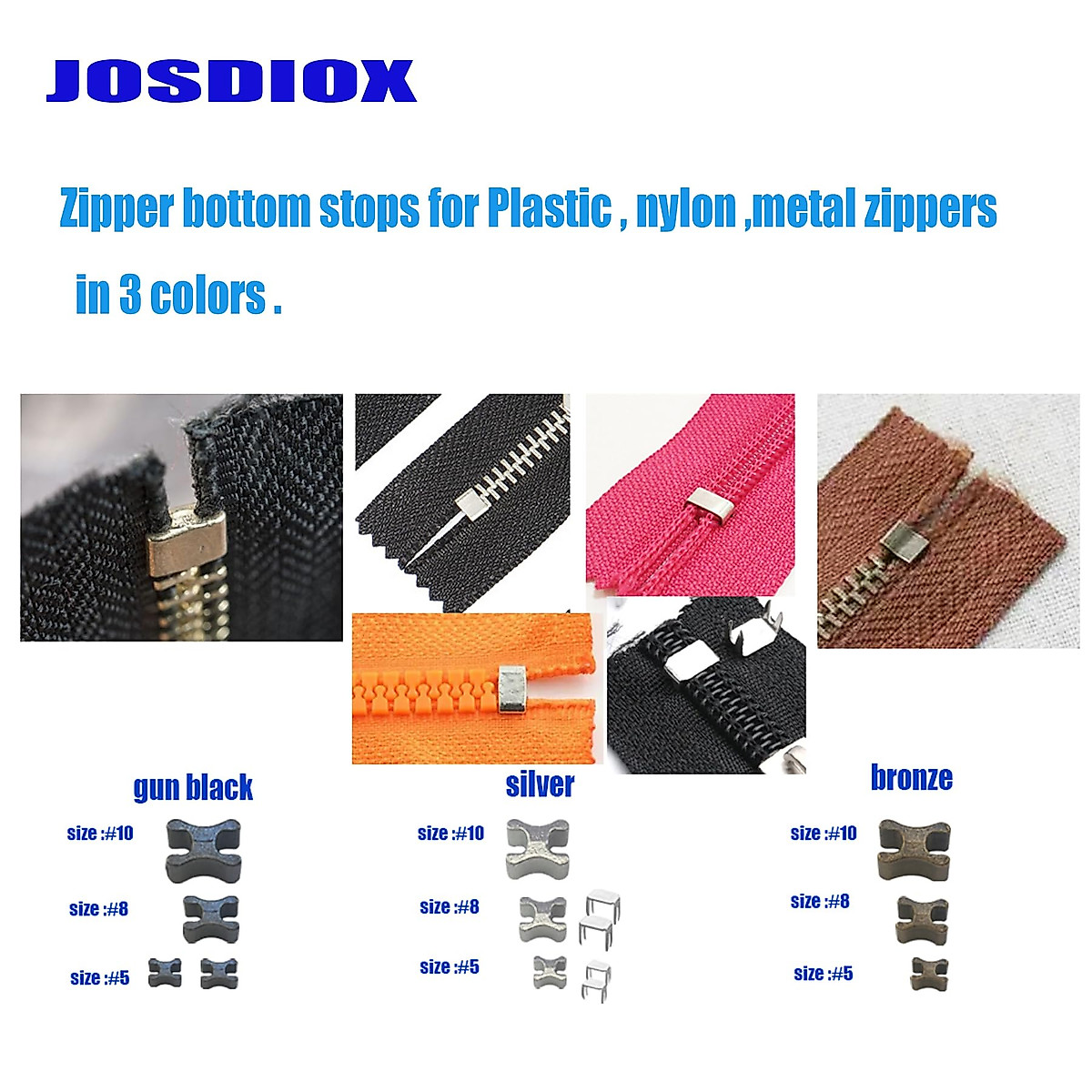 Zipper Repair Kit Metal Retainer Insertion Pin Zipper Top / Bottom Stop (3 Colors ) 13 Sets Zipper Fix Plug, Repair Down Zipper Stopper for Zipper Replacement (Size 10/8/5/3)