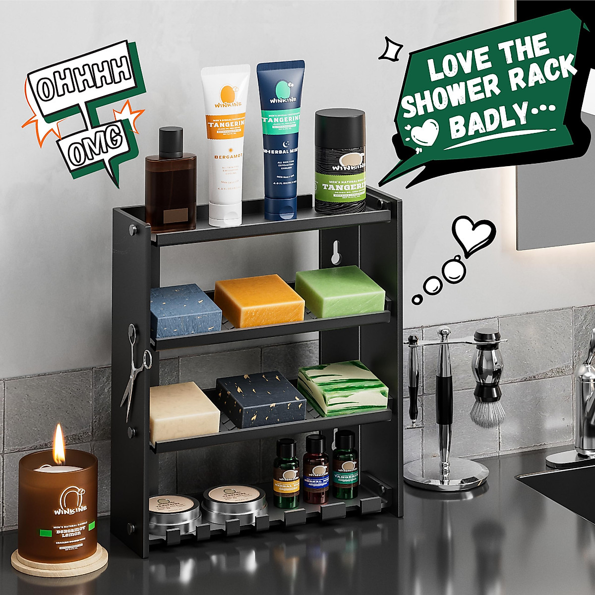 WINKINE Soap Holder Compatible with Dr.Squatch Soap, Shower Caddy for Men, Shampoo Bar Holder for Shower with Razor, Wall Mounted Bar Shower Organizer for Bar Soaps, Shampoo, Shower Soap Shelves