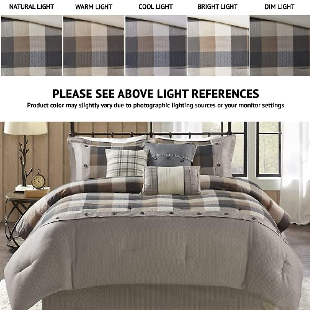 Madison Park Ridge Comforter Set-Cabin Lodge Plaid Herringbone Design All Season Down Alternative Cozy Bedding with Matching Bedskirt, Shams, Decorative Pillow, Queen(90"x90"), Neutral 7 Piece