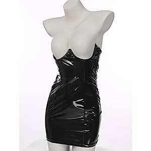 Lejafay Women Sexy Push-up Underbust Corset Dress Wet Look Latex Bodycon Open Cups Mini Dress Black XX-Large