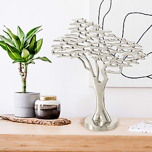 Savannah Tree of Life Table Top Metal Figurine, Made by Hand, Silver Aluminium, Atelier Sculpture Studio, Trunk, Abstract Leaf and Branch Details, Circular Base, 11.75 L x 4 W x 13 H inches (33 cm)