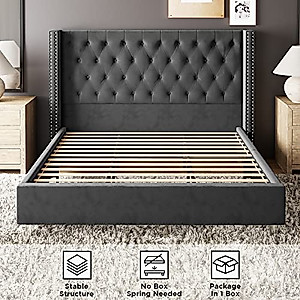 Jocisland Queen Bed Frame Upholstered Bed Wingback Headboard Velvet Tufted Diamond Button/No Box Spring Needed/Easy Assembly/Gray