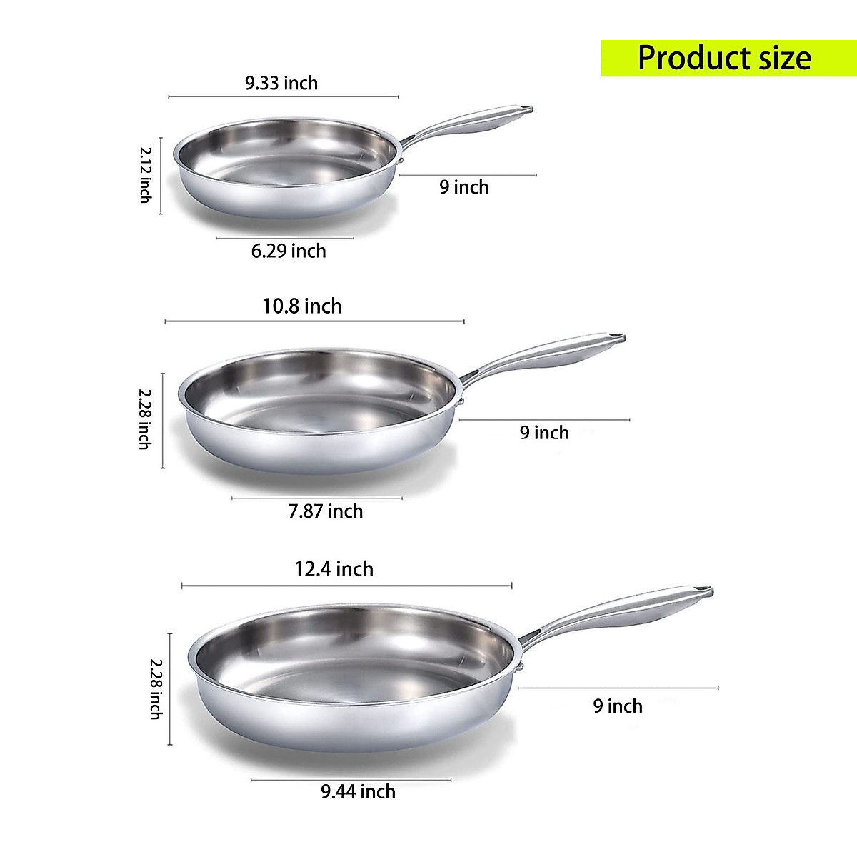 DELARLO Whole Body Tri-Ply Stainless Steel Frying Pan set, 8”/10”/12” Cooking pans, Kitchen Cookware Set, Fast Heating Chef's pan with Ergonomic Handles, Suitable for All Stove