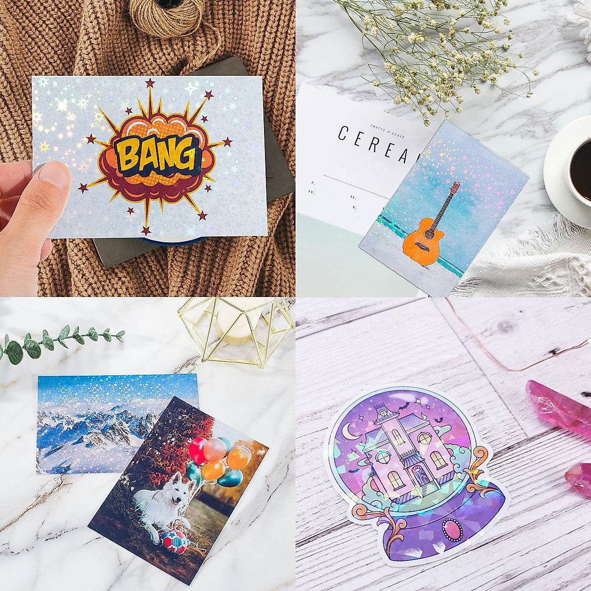 24 Sheets Vinyl Printable Sticker Paper A4 Size (8.25" x 11.7") Holographic Glossy Sticker Paper Self-Adhesive Waterproof Dries Quickly For Inkjet/Laser Printer