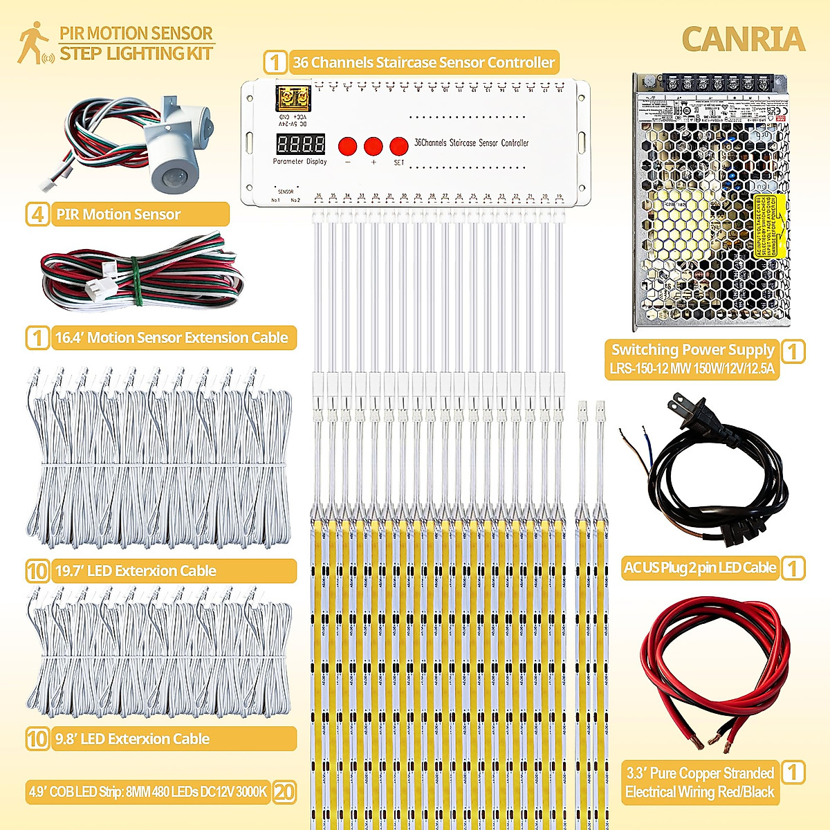 CANRIA PIR Motion Sensor LED Stair Lights Indoor Outdoor Stairway Step Staircase Lighting Kit with 3000K Warm White COB Flexible LED Linear Light