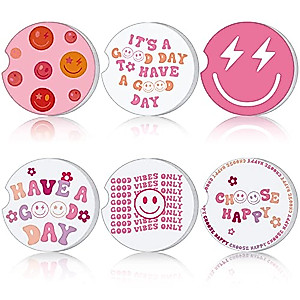 6 Pcs Pink Car Coasters Preppy Car Accessories for Women Absorbent Car Cup Coaster with Finger Notch Cute Coasters Smile Drink Coaster for Christmas Women Girl Students(Cute, Ceramic and Cork)