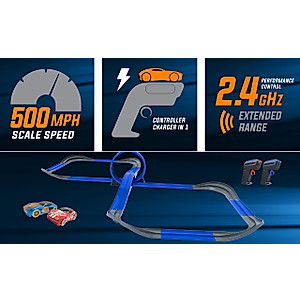 Tracer Racers Remote Control Cordless Glow in The Dark High-Speed Super 8 Speedway Track Set with Two Cars for Dual Racing, Glow Blue