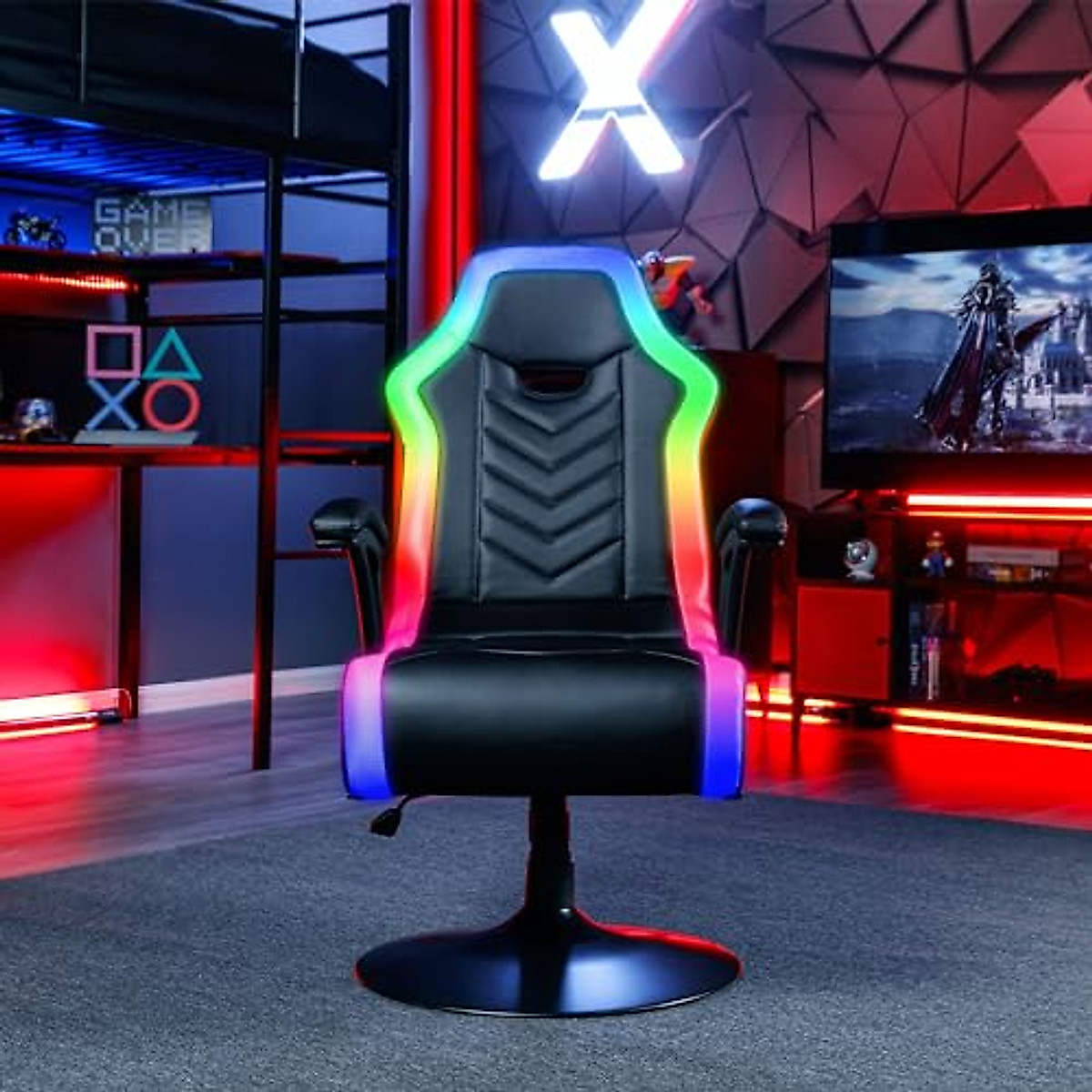 X Rocker Prism RGB LED Lounging Video Gaming Pedestal Chair with Armrests, Wireless Bluetooth Audio, Foldable, Vegan Leather, Amazon Exclusive, Black