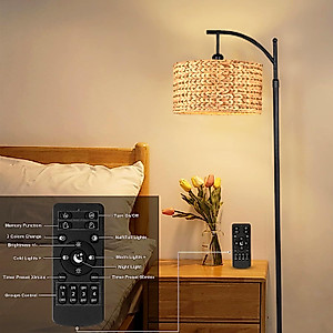 QIYIZM Floor Lamp for Living Room Bedroom Farmhouse Arc Rattan Boho Standing Lamp with Remote Dimmable Black Wicker Bamboo Lamp Shade Floor Light Adjustable Tall Lamp Industrial Floor Lamps Bohemian