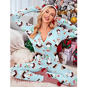 Ekouaer Womens Christmas Oneses Adult Button One Piece Pajama Romper Long Sleeve Jumpsuit Sleepwear for Women Soft Thermal