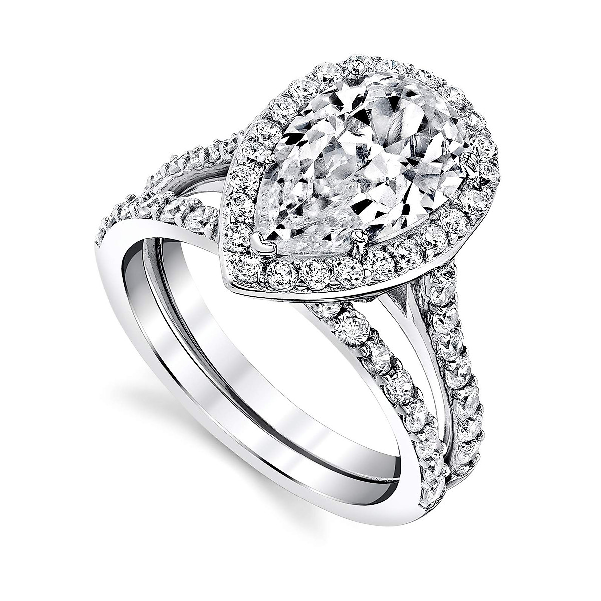 3CT Teardrop Pear Shape Solitaire AAA CZ Engagement Ring Bridal Set in 2 piece Sterling Silver 925