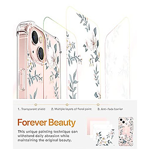 GVIEWIN Designed for iPhone 13 Case 6.1 Inch, with Tempered Glass Screen Protector + Camera Lens Protector Clear Flower Soft & Flexible Shockproof Floral Women Phone Cover（Magnolia/White）