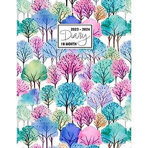 2023 - 2024: 18 Month Diary A4 Week to View on 2 Pages Weekly Journal Agenda WO2P Planner Jul 23 to Dec 24 Horizontal With Moon Phases, UK & US ... Pastel Pink Blue Green Abstract Trees Pattern