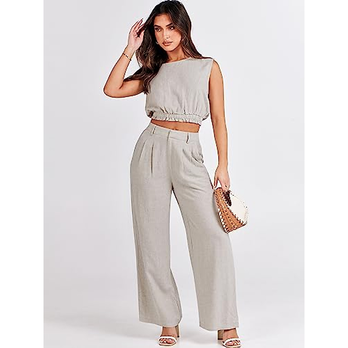 ANRABESS 2 Piece Outfits for Women Summer Vacation Beach Sleeveless Linen Crop Tank Top Casual Matching Lounge Sets Comfy Tracksuits Long Pants Jumpsuits 2023 Fashion Clothes A1102maxing-L