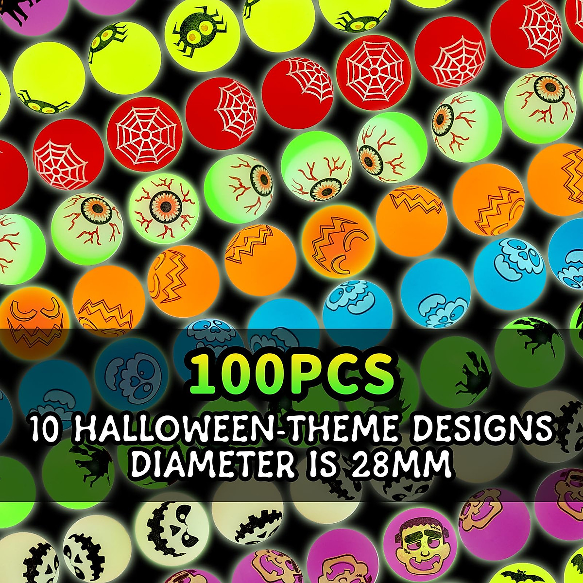 100 Piece Halloween Glow in The Dark Bouncing Balls, 10 Halloween Theme Designs for Halloween Party Favor Supplies, School Classroom Game Rewards, Trick or Treating Goodie Bags, Halloween Miniatures