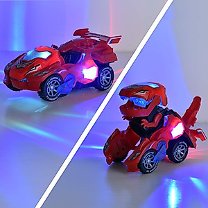 Sunnhan Transforming Toys, 2 in 1 Transforming Dinosaur LED Car Dinosaur Transform Car Toy Automatic Dinosaur Dino Transformer Toy Car Lamps for Kids,Toddlers ( Ages 3-12, Red)