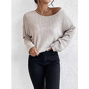 SweatyRocks Women's Long Sleeve Boat Neck Plain Tee Casual Drop Shoulder Rib Knit T Shirt Crop Top Apricot L