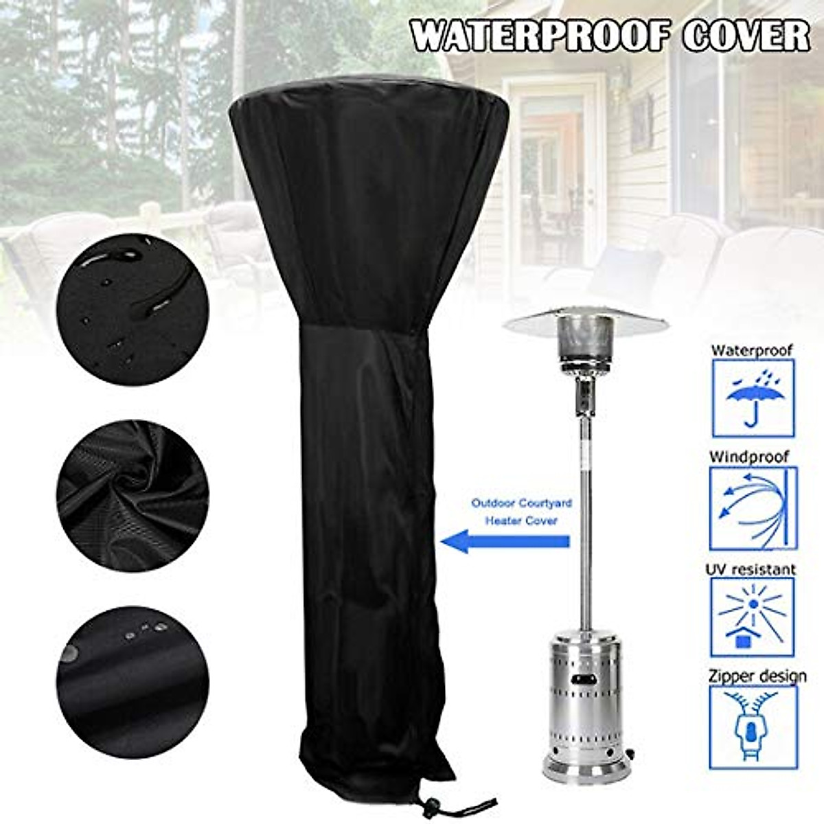 J&C Patio Heater Cover-Black Waterproof Dust-Proof Durable Veranda Outdoor Heater Cover with Zipper for Round Stand Up Patio Heater (86x19x33in)