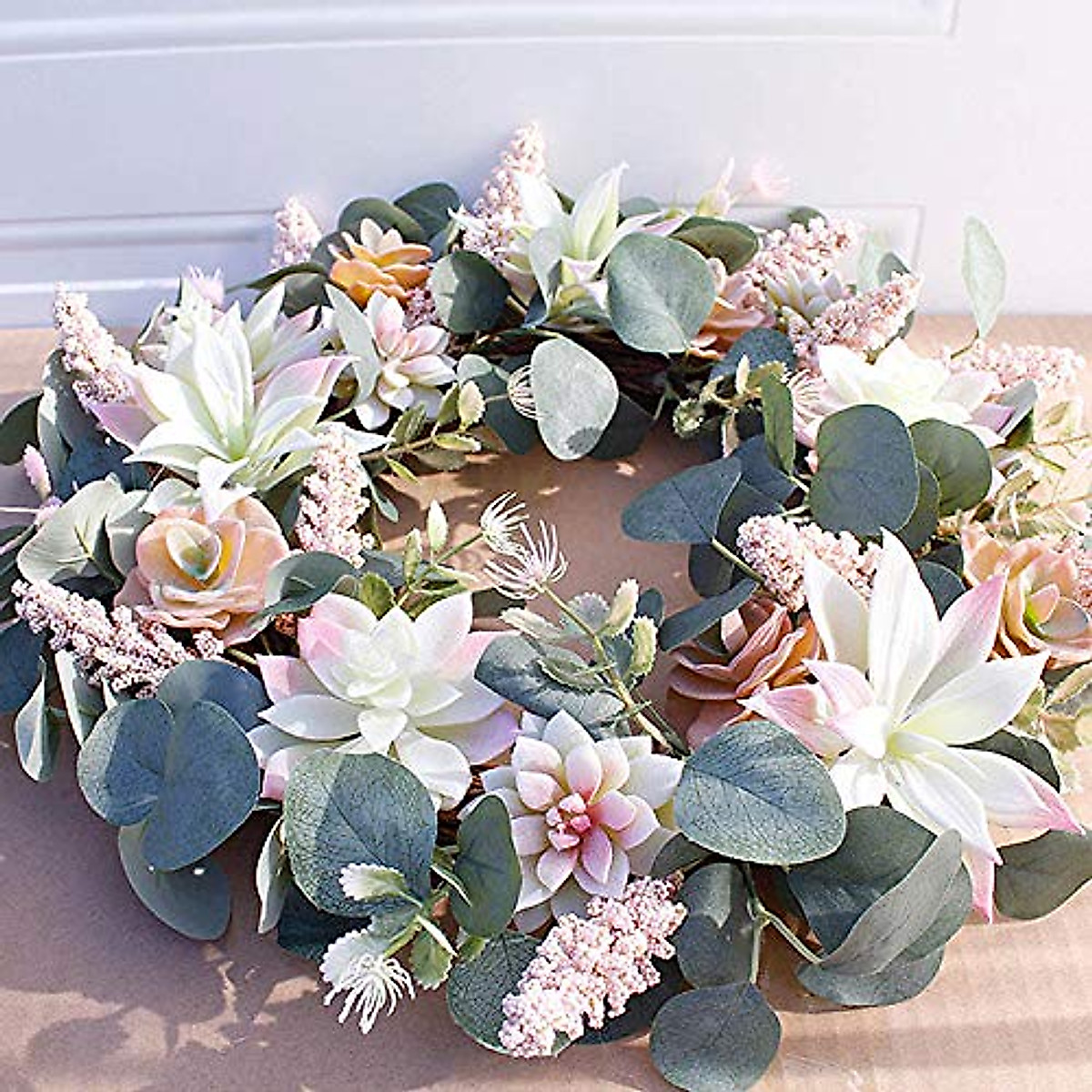 Asdomo Artificial Succulent Wreath Fake Leaves Wreath Succulent Plants Hanging Wall Window Party Decoration for Front Door Outdoor Indoor Garden Office Wedding Decor