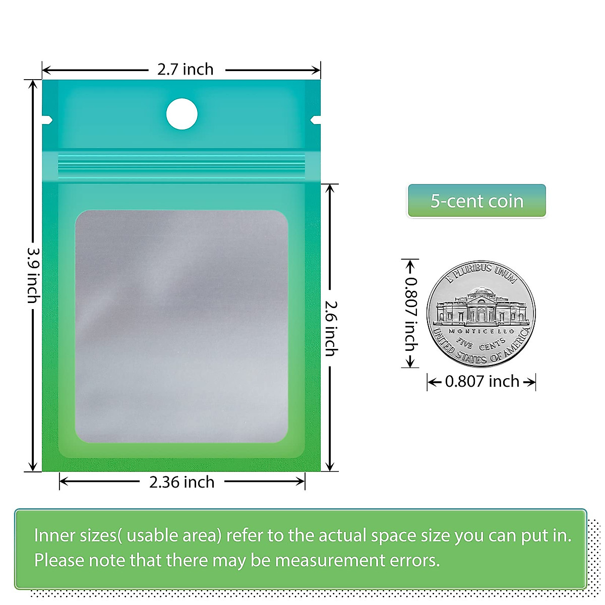 Funfery 100 Pack Smell Proof Resealable Bags for Food Storage,Cute Mylar Clear Bags for Small Business Foil Pouch Ziplock Packaging Bags for Sample Jewelry Eyelash Gloss(Blue Green,2.7X3.9in)