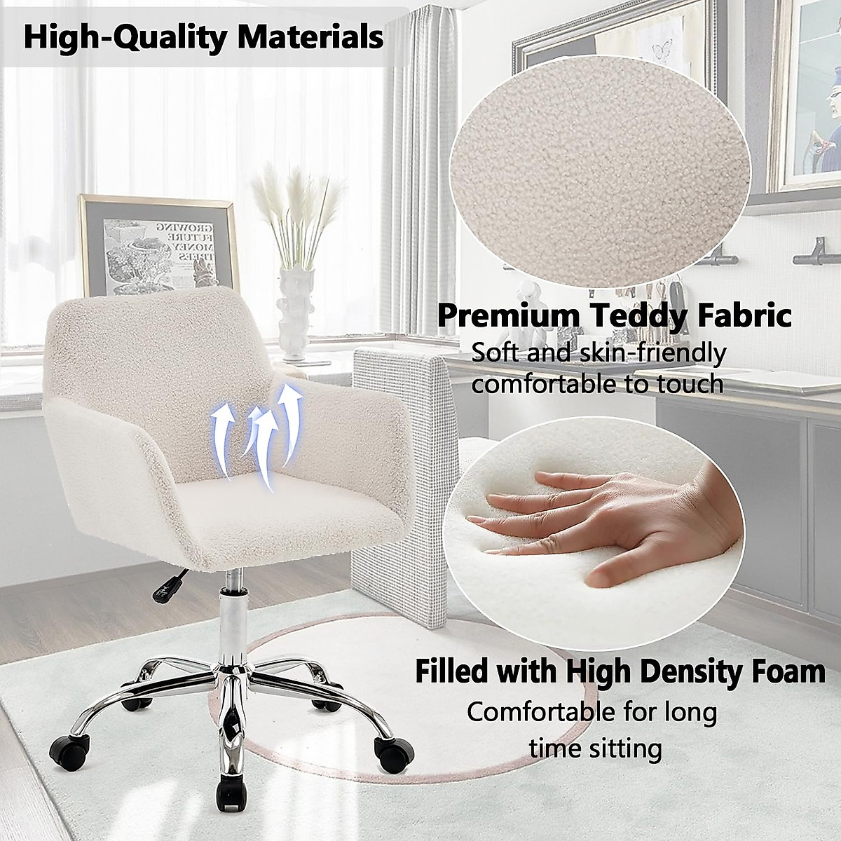 Modern Faux Fur Home Office Chair, Upholstered Faux Fur Makeup Vanity Chair, White Furry Cute Desk Chair with Wheels & Chrome Base, Ergonomic Adjustable Swivel Task Chair for Girls Women Bedroom Study