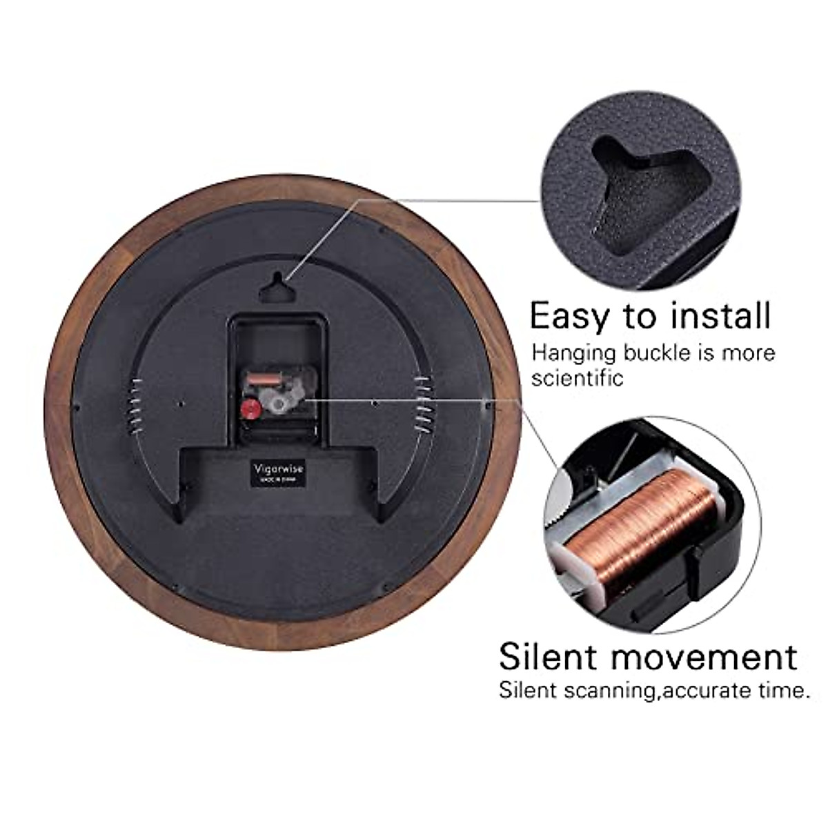 Vigorwise 14 Inch Wooden Wall Clock, Retro Wood Wall Clocks Battery Operated, Large Silent Sweep Movement Accurate Wall Clock for Living Room Bedroom Housewarming Present