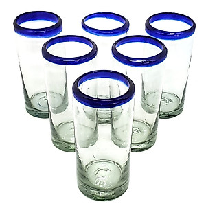 MexHandcraft Cobalt Blue Rim 14 oz Highball Glasses (set of 6), Recycled Glass, Lead-free, Toxin-Free (Highball)