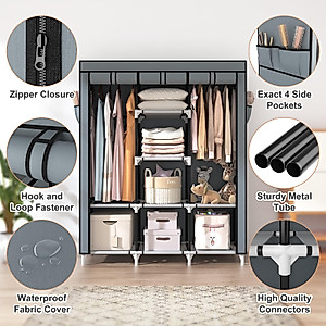 VTRIN Portable Closet Wardrobe for Hanging Clothes with 2 Hanging Rods and 8 Storage Organizer Shelves,Sturdy Large Wardrobe Closet for Bedroom Free Standing Clothes Rack with Cover,Grey