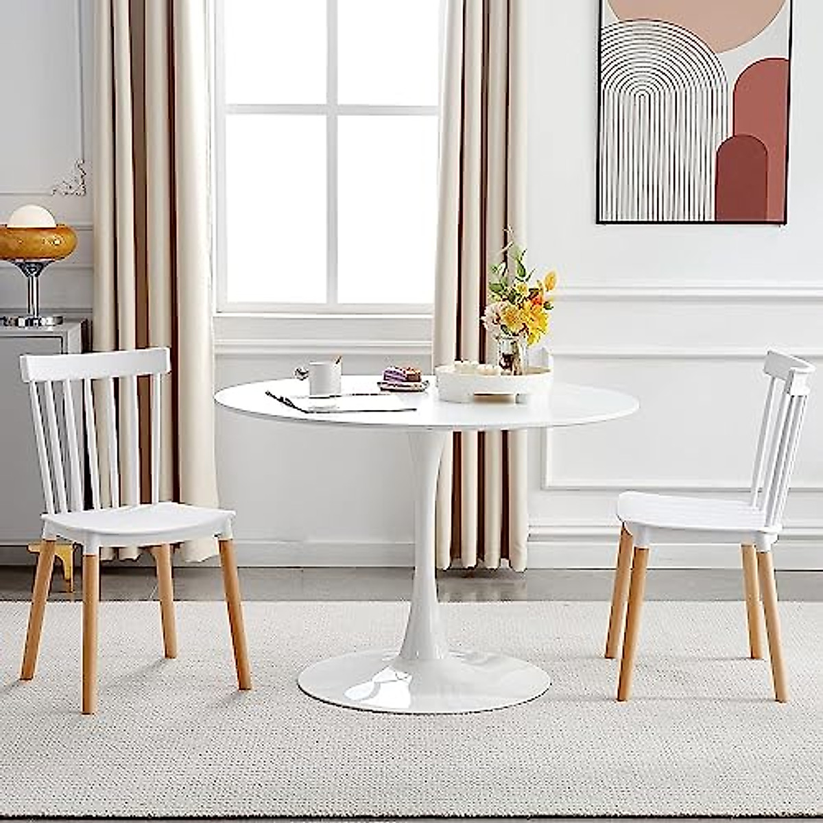 Rabsyung 42" Round White Tulip Table Mid-Century Dining Table with Round MDF Table Top, Pedestal Dining Table, Leisure Coffee Table