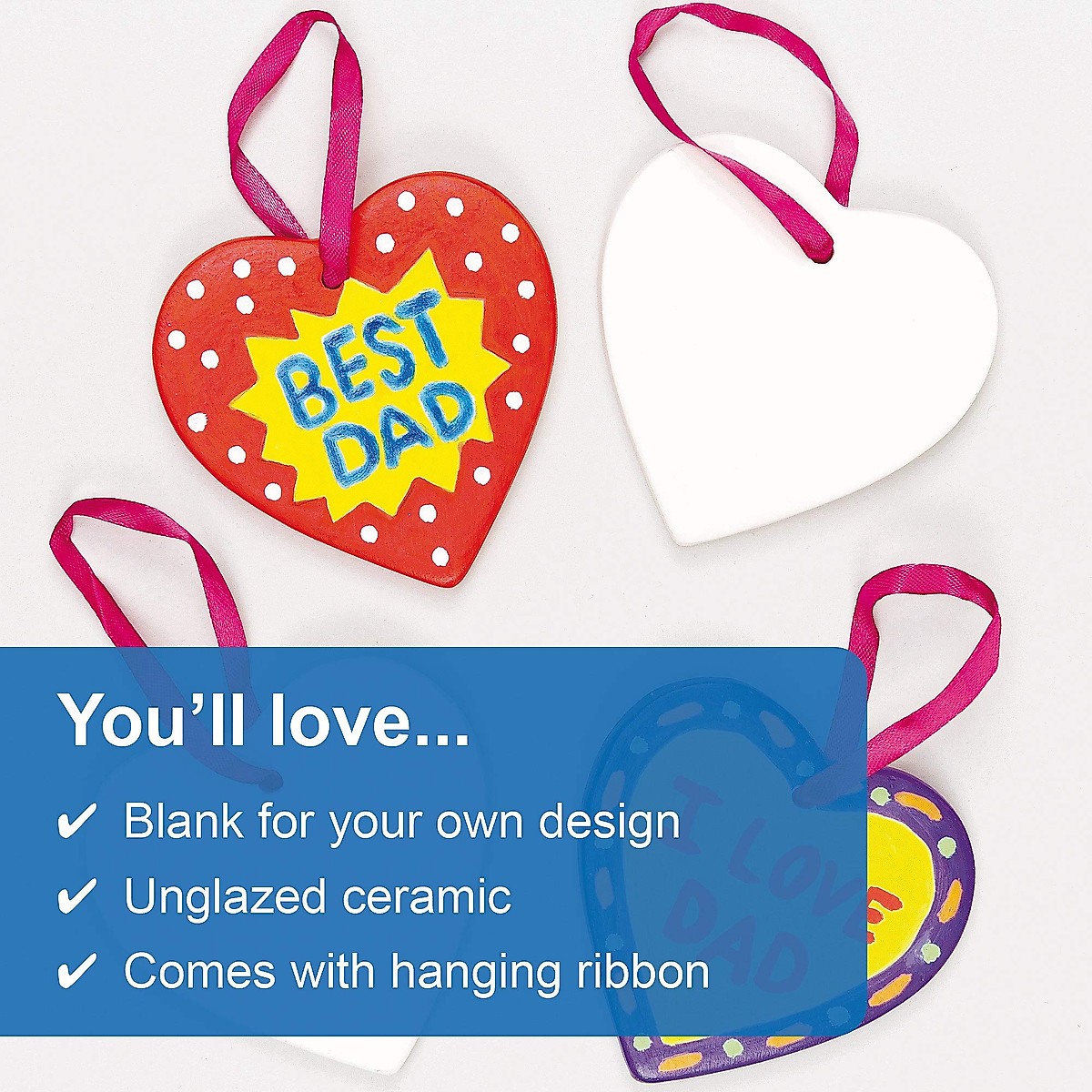 Baker Ross EV5425 Hanging Ceramic Heart Ornaments - Pack of 5, for Kids to Paint, Decorate and Display. Great for at Home Art Crafts