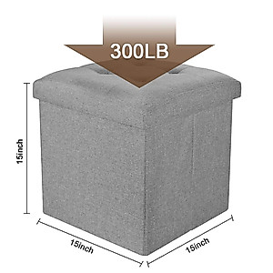 TOUCH-RICH Folding Cube Storage Ottoman with Padded Seat Linen Fabric Footrest Memory Foam 15” x 15” x 15”-2 Packs（Light Grey）