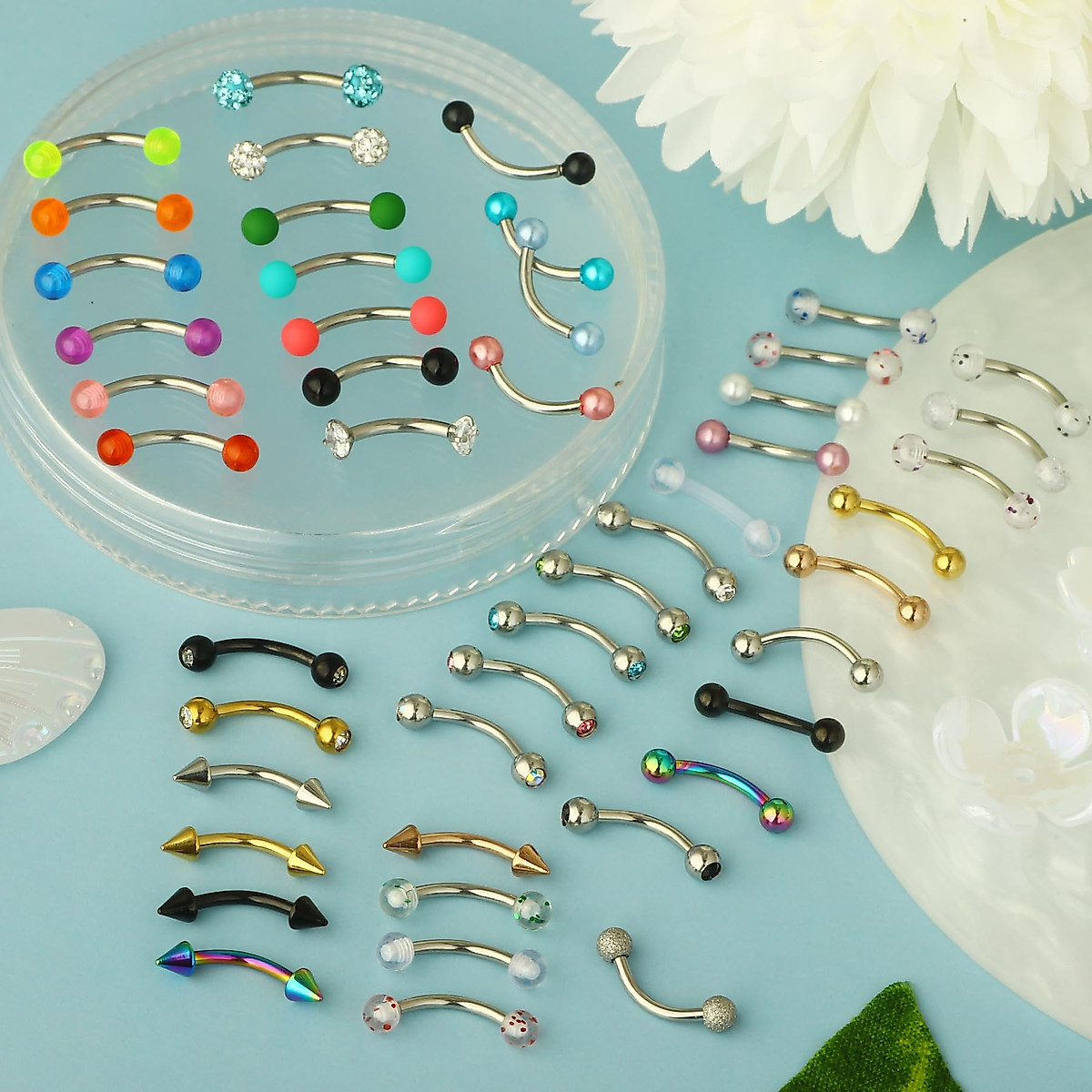 Suotarn 47pcs 16G Stainless Steel Eyebrow Piercing Rings Clear CZ Curved Barbell Helix Daith Rook Earrings Piercing Body Jewelry for Women Men