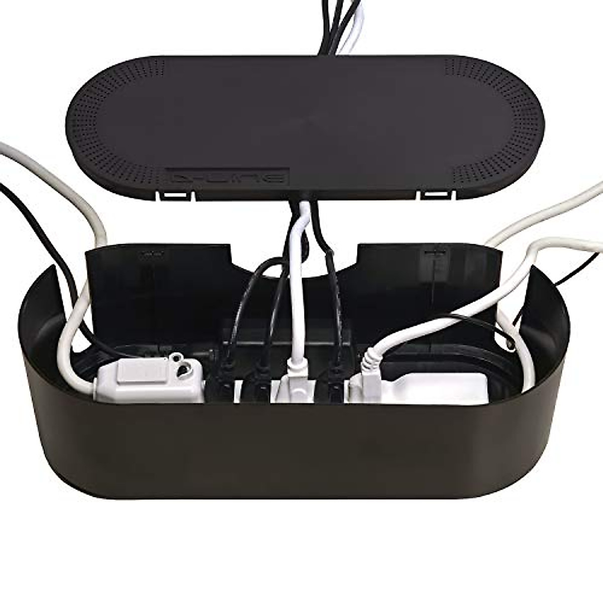 D-Line Cable Management Box, Power Strip Holder, Floor Outlet Hiders, Desk Cord Organizer, Cover TV Wires, Wire Storage, Extension Hider, Office Concealer for Cords, Baby Proof Cables - Large, Black