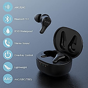 HTC True Wireless Earbuds Plus with Active Noise Cancellation, Bluetooth Earphones Stereo in Ear Headphones IPX5 Waterproof/24-Hour Playtime/Built-in Mic/Touch Control for Driver, Work, Sport -Black